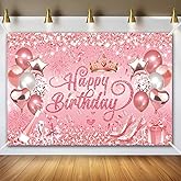 Amazon.com : Avezano Rose Gold Birthday Backdrop Rose Pink and Sliver Glitter Balloons Banner ...