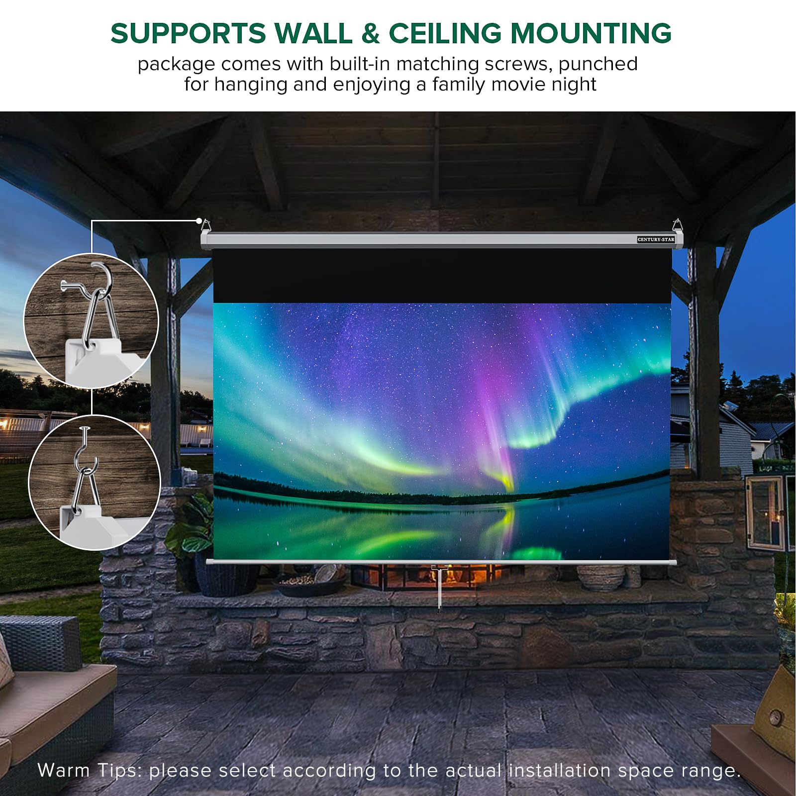 CENTURY-STAR 100 Inch Projector Screen Pull Down, 3 Layers PVC Auto ...