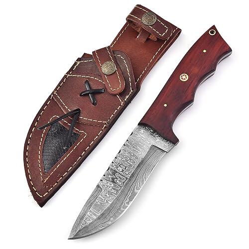 Custom Handmade Damascus Steel Fixed Blade Hunting Knife with Leather ...