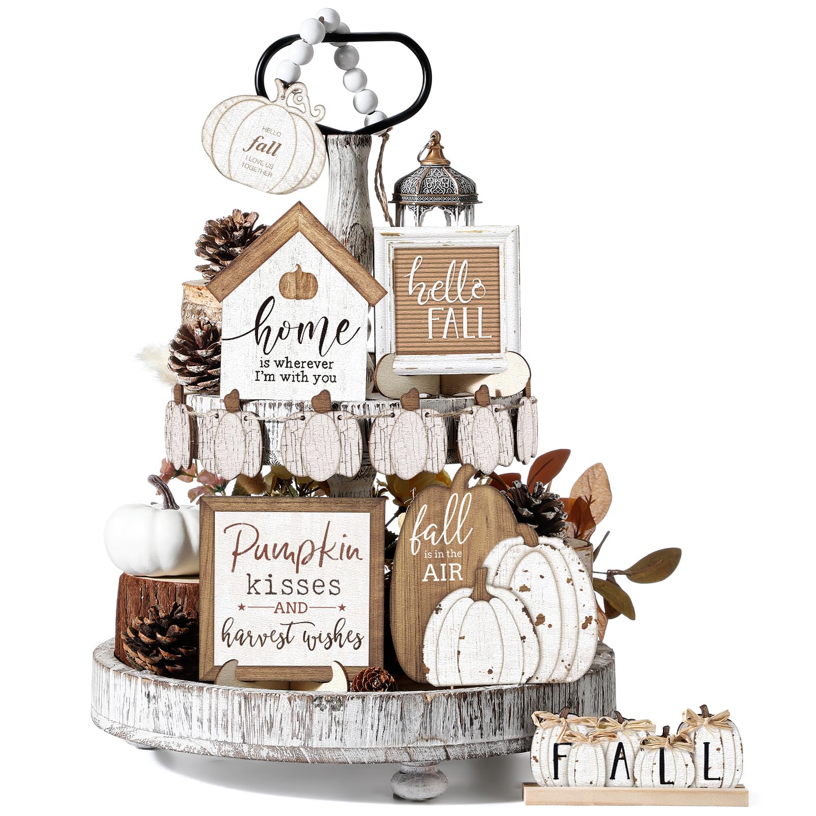 Reallnaive 18 Pcs Fall Thanksgiving Tiered Tray Decor Set Pumpkin Wood ...