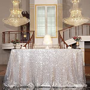 Juya Delight 60" x 102" Silver Rectangle Sequin Tablecloth for Party Dinner Banquet Festival ...