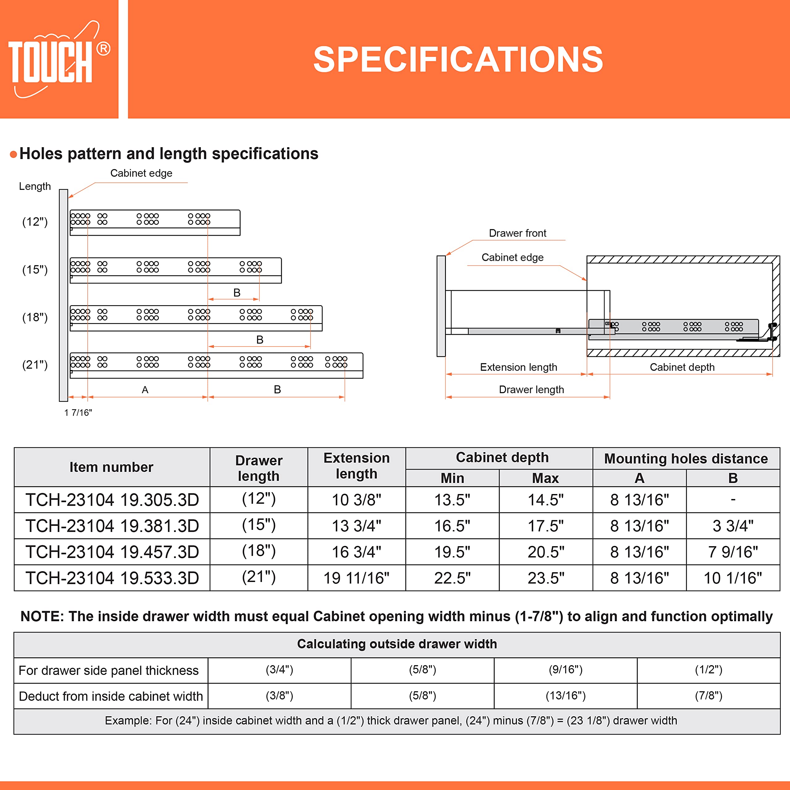 TOUCH Drawer Slide,3/4 INCH Under-Mount (1 Pair, 15 Inch 381mm ...