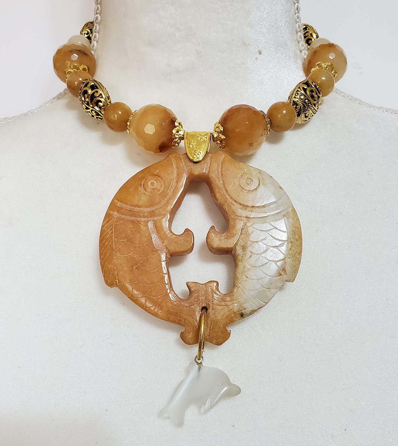 Amazon.com: Big Carved Yellow Jade Double Fish Pendant Handmade ...