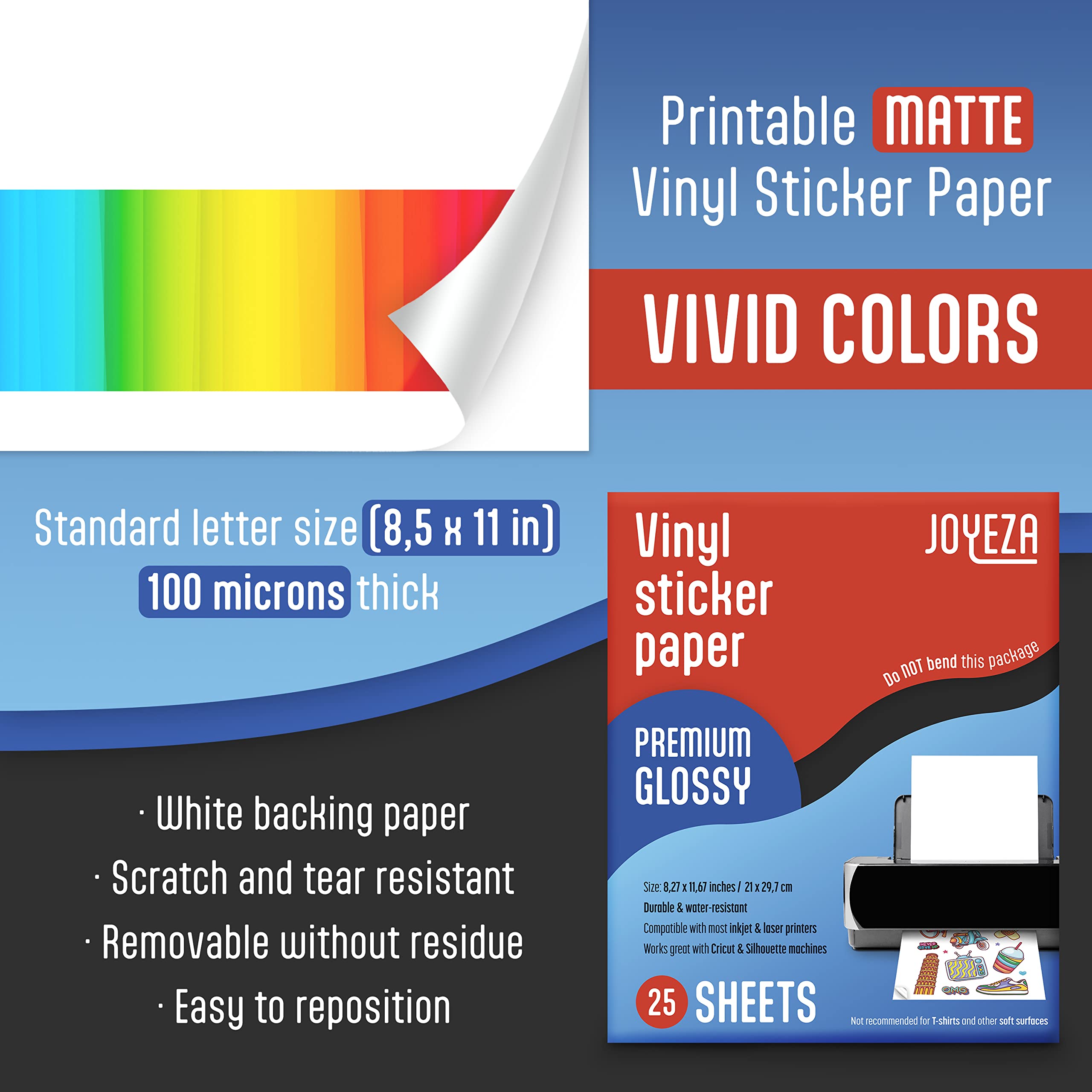 Mua JOYEZA Premium Printable Vinyl Sticker Paper for Inkjet Printer ...