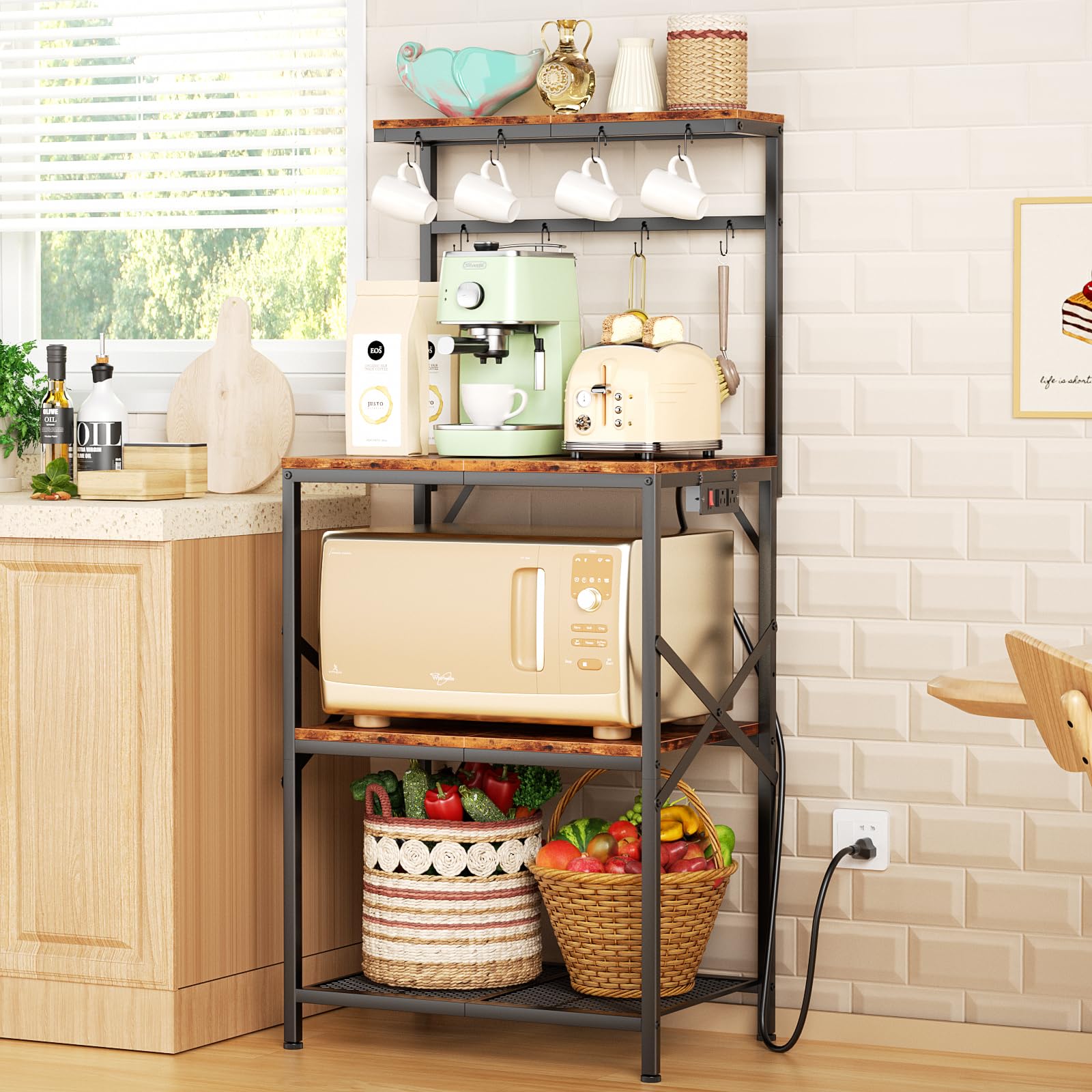 Kitchen Bakers Rack with Power Outlet, Microwave Stand with Storage 4 Tiers, Small Coffee Bar ...
