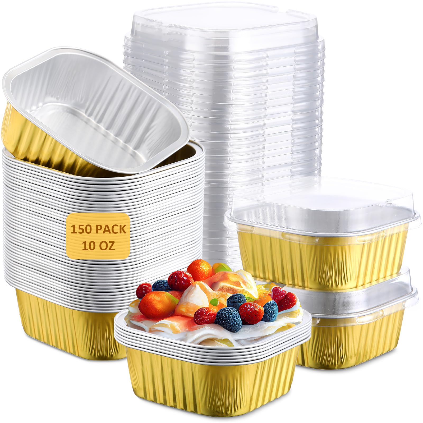 Aoriher 150 Pieces 10 oz Mini Cake Pans with Lids Aluminum Foil Baking ...