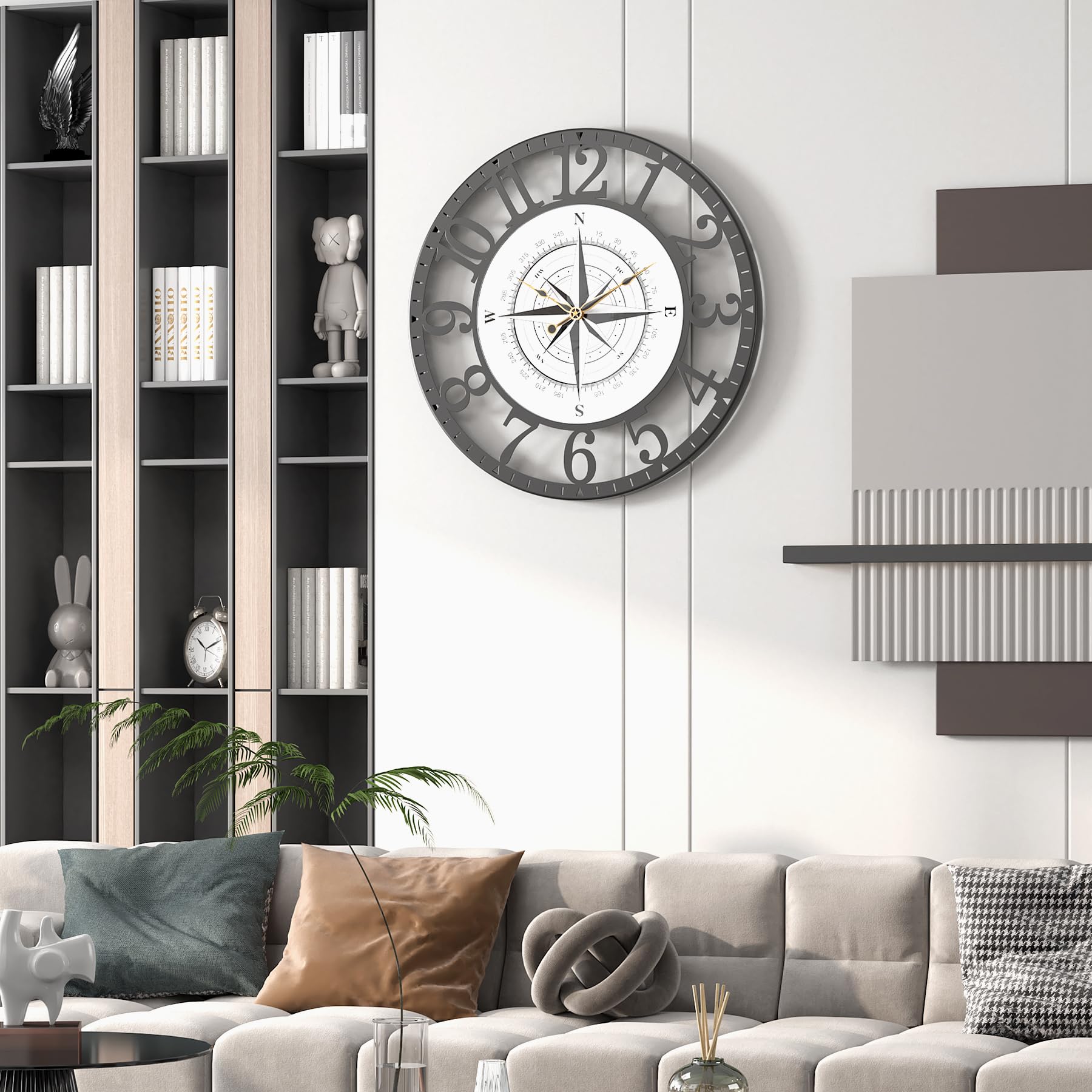 VIVIFLYSE 16 Inch Modern Wall Clock, Compass Pattern Tempered Glass ...