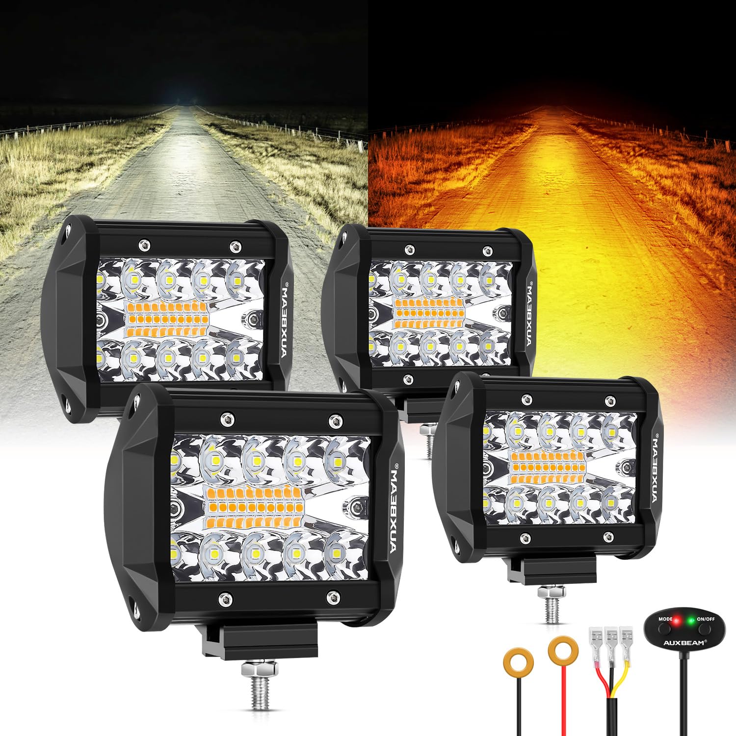 Auxbeam 4'' 240W LED Pods 4 Pack, Amber/White/Strobe 6 Modes Light Bar ...