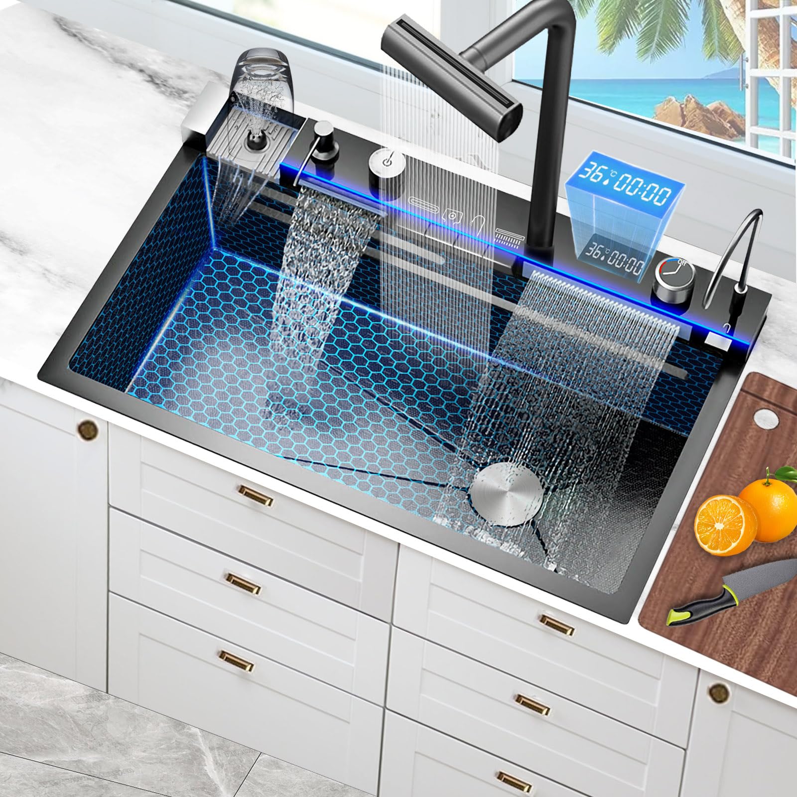 Kitchen Sink, Undermount Waterfall Sinks Workstation with Faucet Combo ...