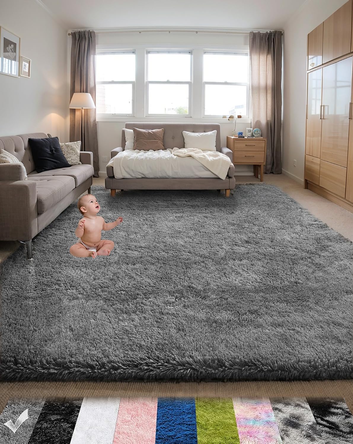Poboton Area Rugs for Bedroom Living Room, 4X6 Ft Grey Fluffy Washable ...