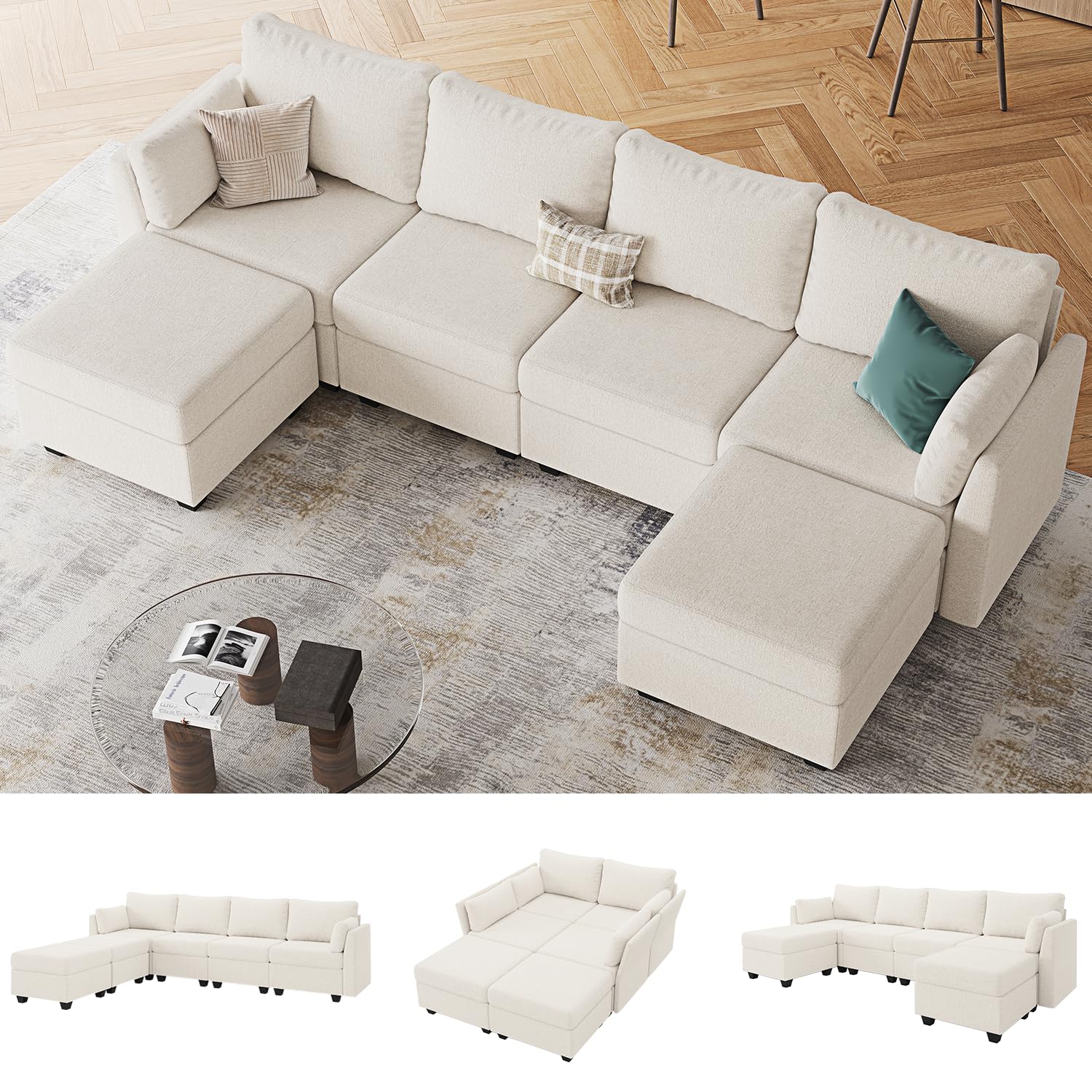 Huatean Home 114.17" Modular Sectional Sofa, 6 Seat Modular Couch with ...