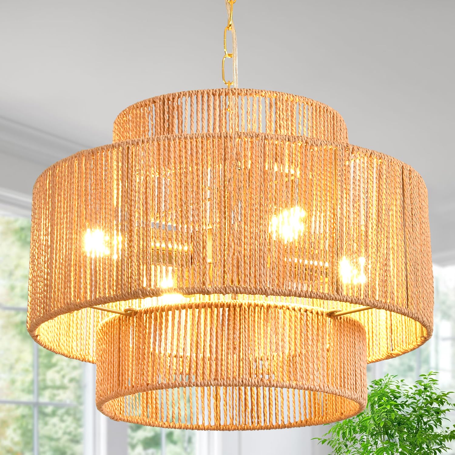ZECOXOL Boho Chandelier Light Fixture, Rattan Pendant Lights 4-Lights ...