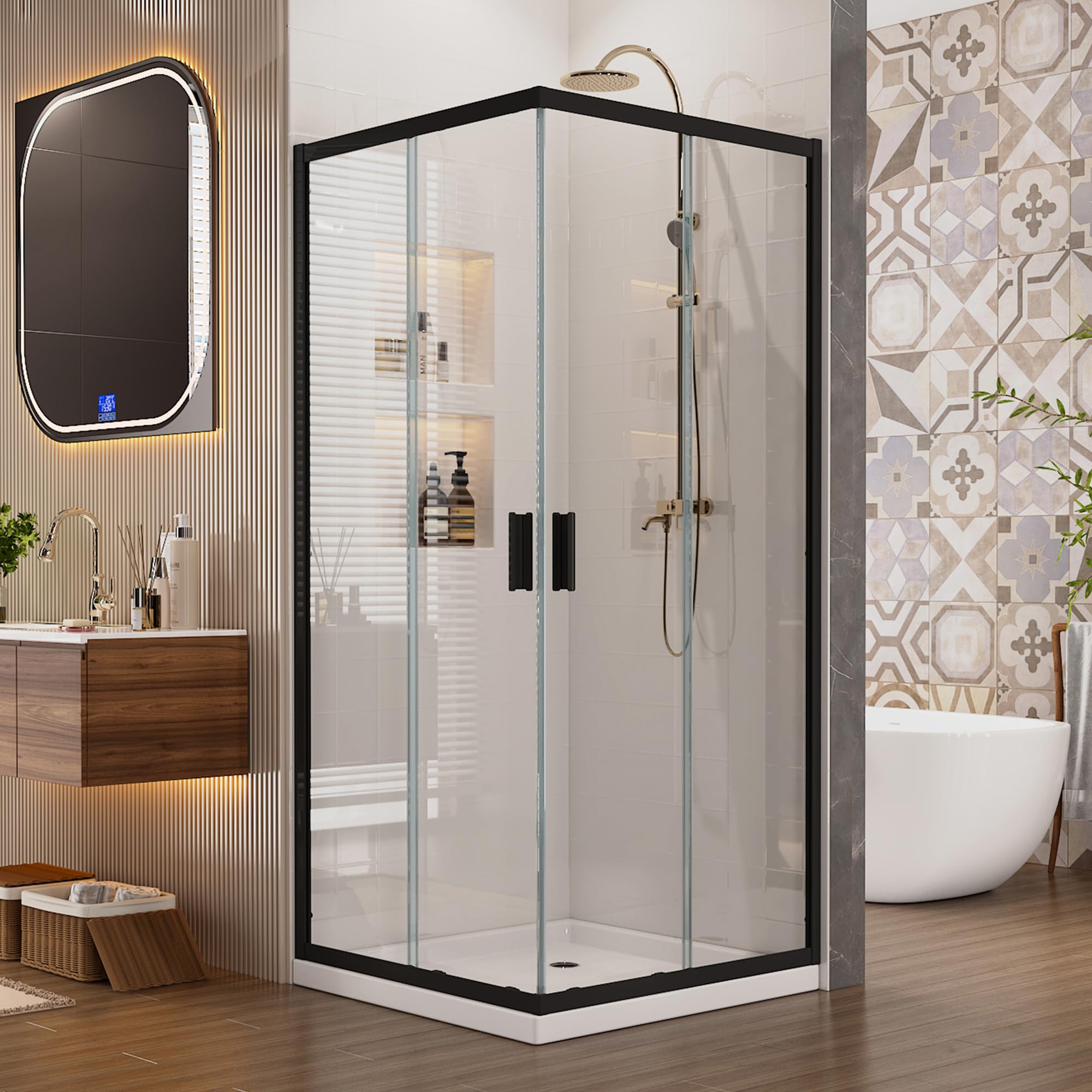 Sunrosa Corner Sliding Shower Enclosure 36" x 36" x 76", Tempered Glass 1/4 in. Double Sliding ...