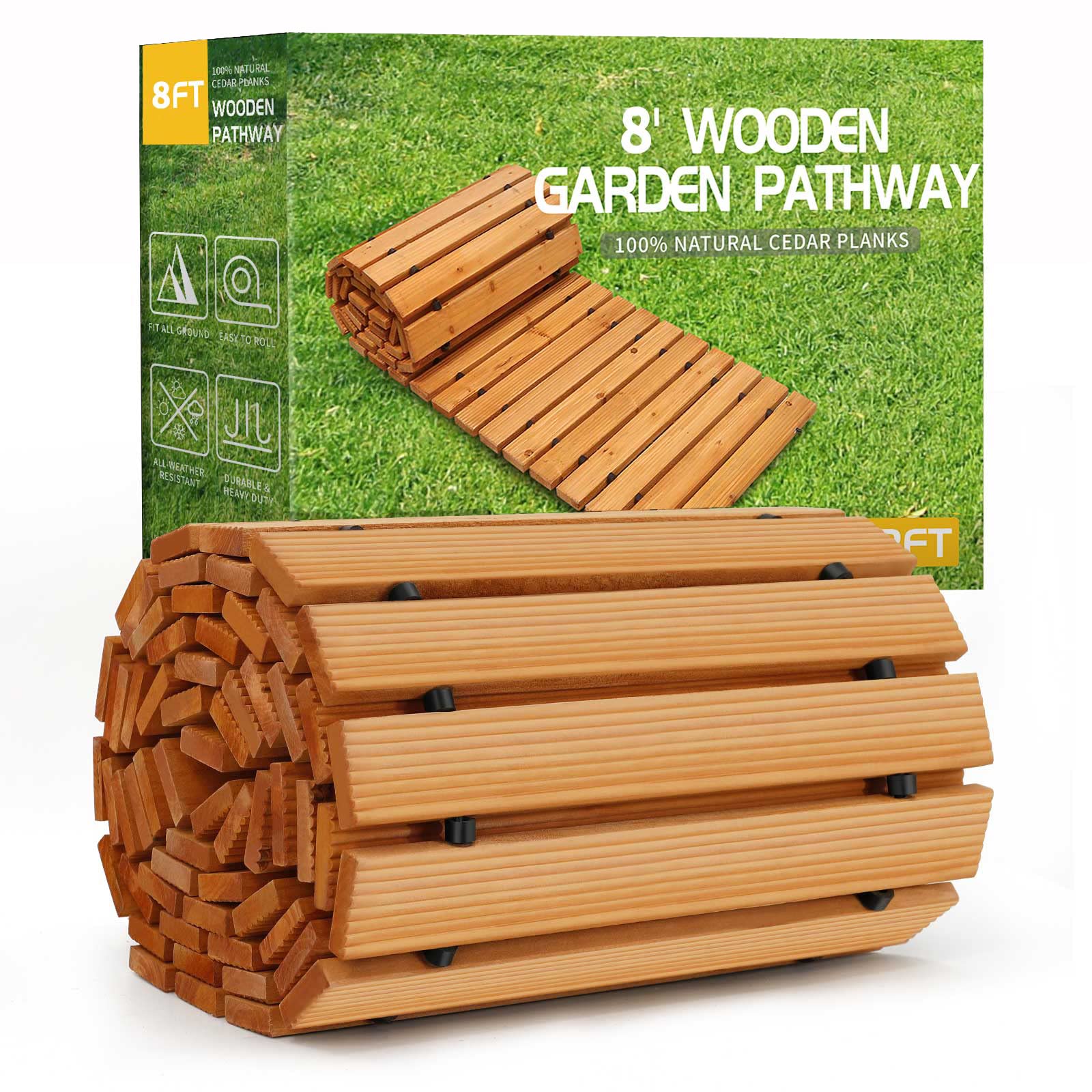 RELIANCER 8' Wooden Garden Pathway,Outdoor Roll Out Cedar Straight ...