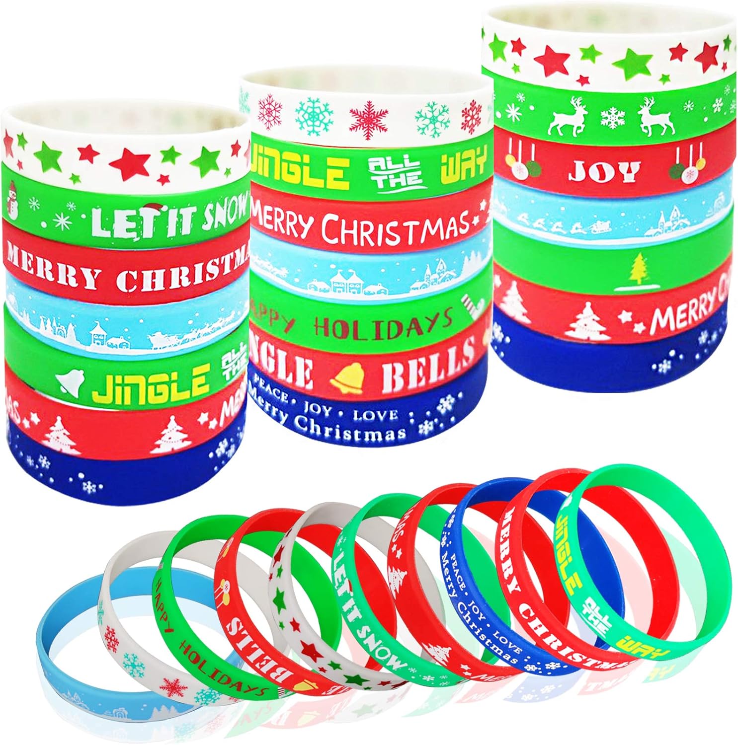 50Pack Christmas Silicone Bracelets, Xmas Rubber Band Bracelets ...