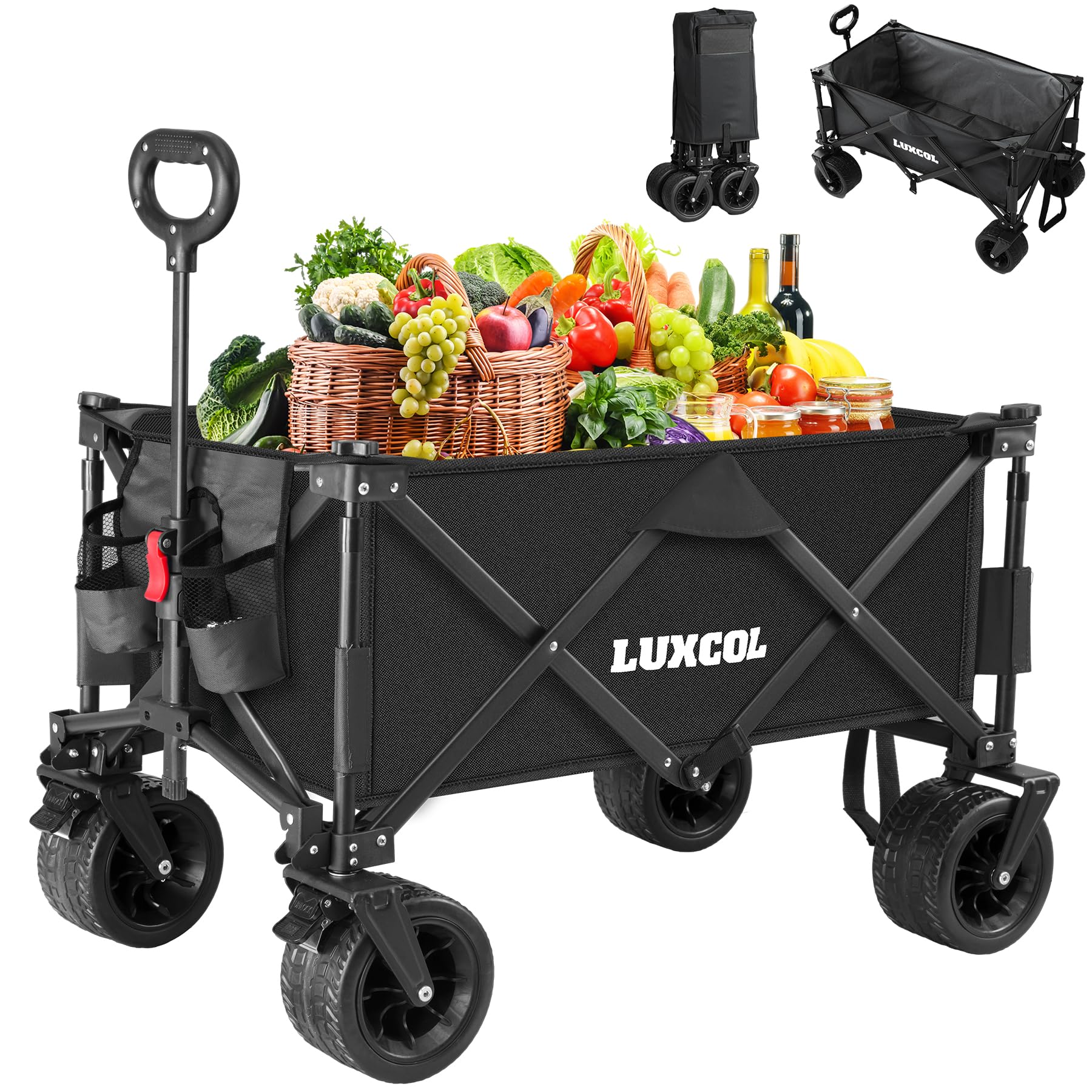 LUXCOL Collapsible Folding Wagon, Heavy Duty Utility Beach Wagon Cart ...
