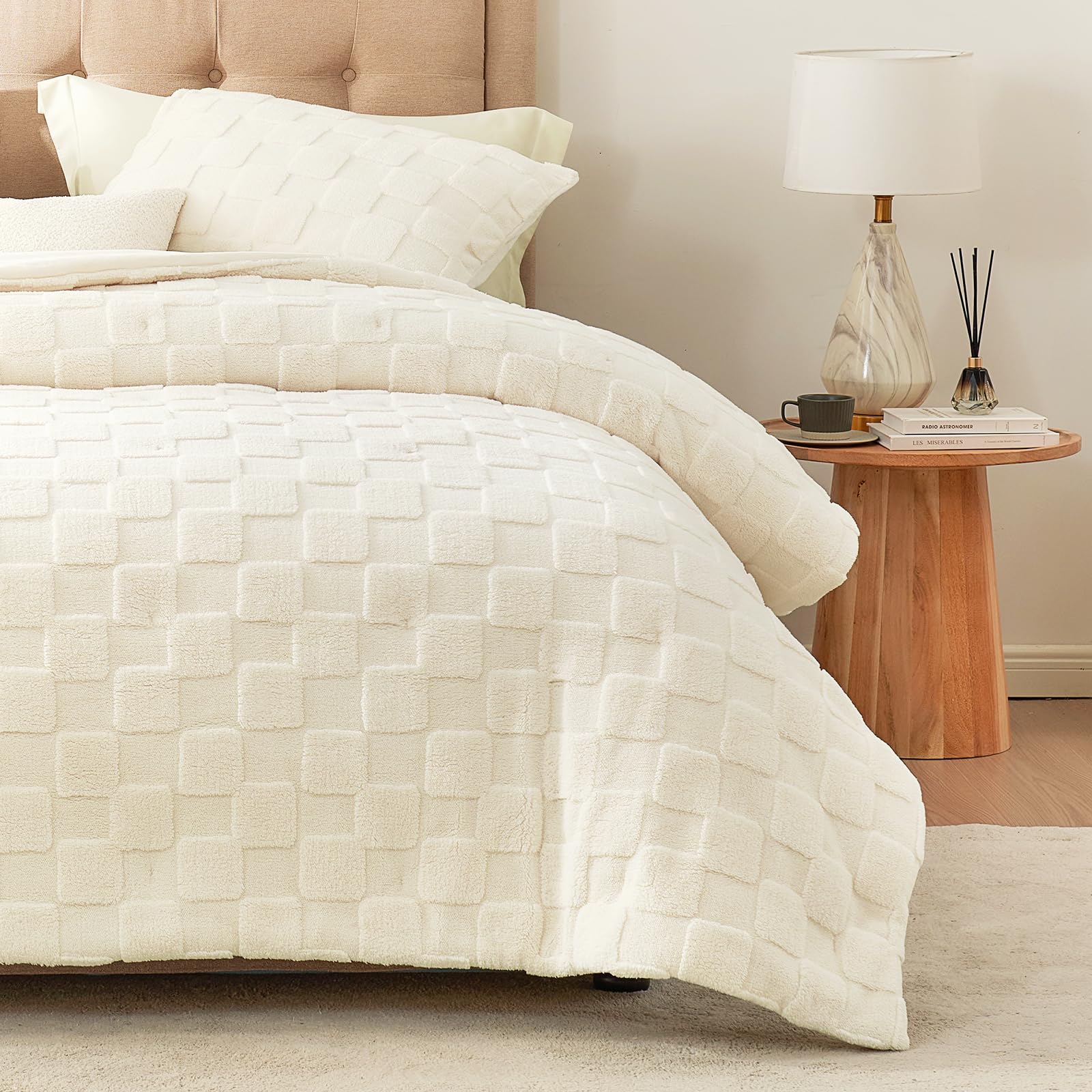 Cozy Bliss Fluffy Queen Size Comforter Set Ivory, Farmhouse Jacquard ...