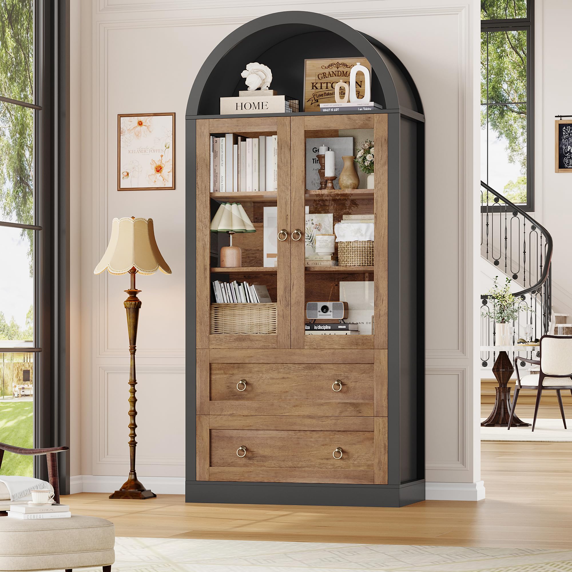 FINETONES 70" Tall Arched Cabinet, 6-Tier Arch Bookcase with Drawers ...