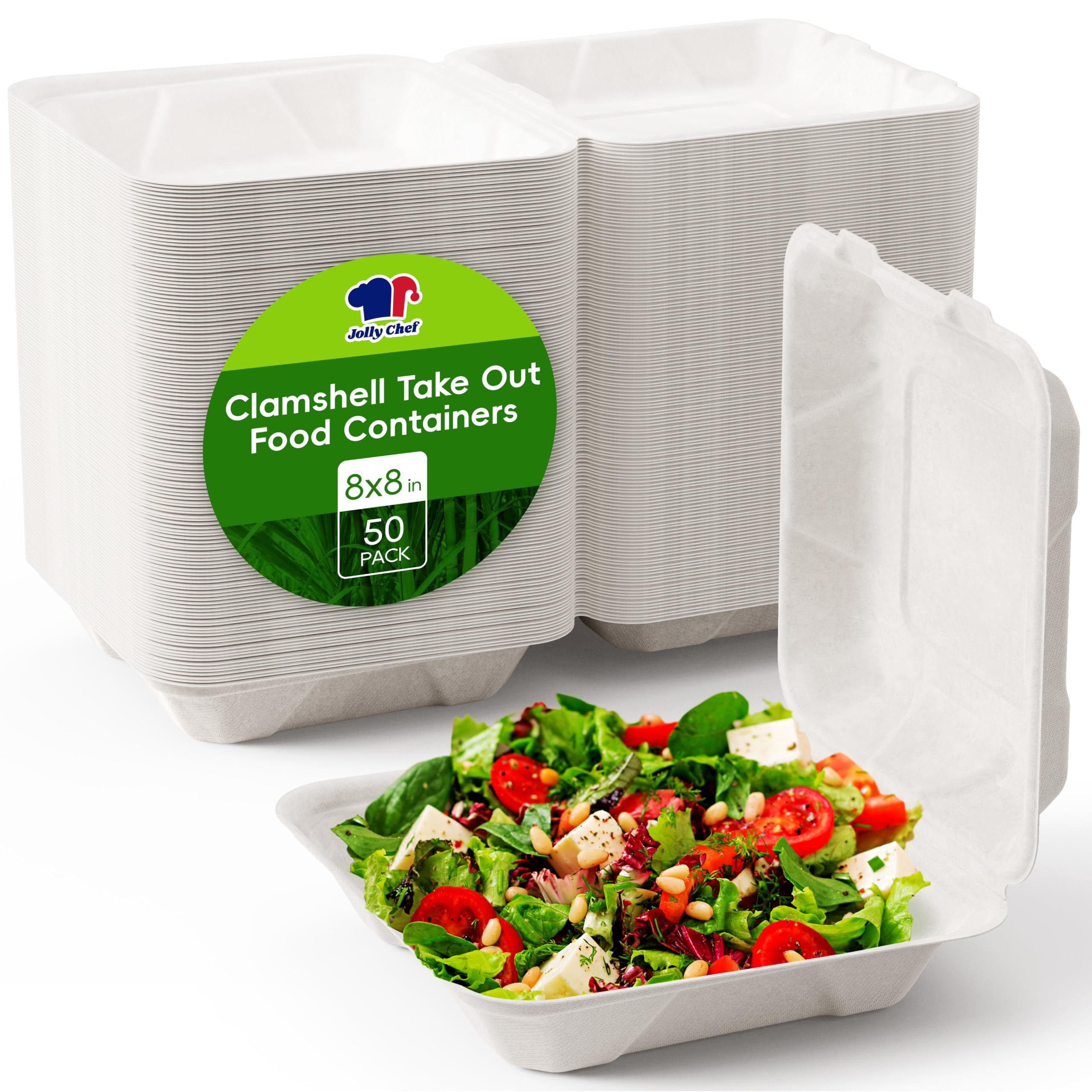 JOLLY CHEF Clamshell To Go Containers, 8 * 8" 50-Pack, Sugarcane To Go ...