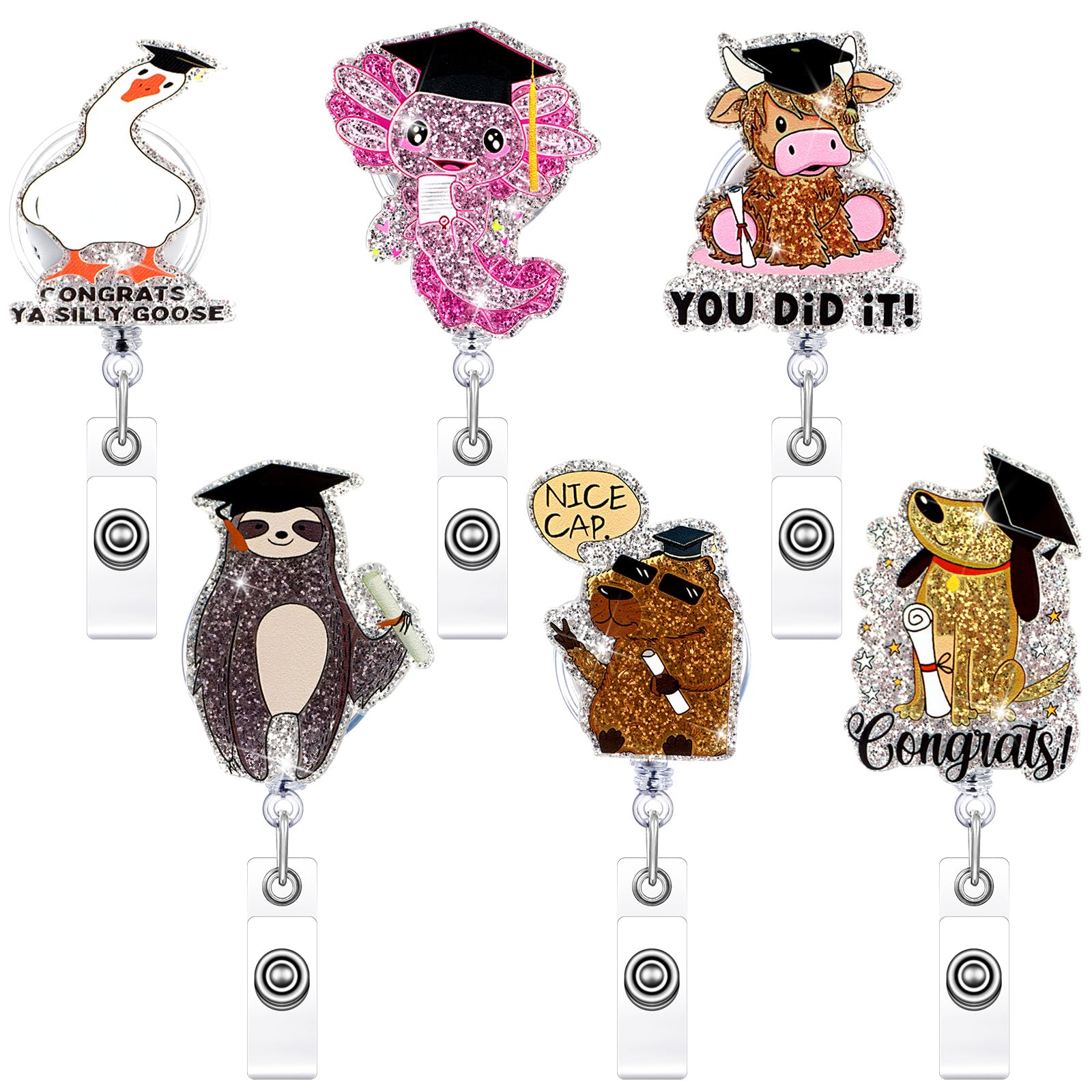 Geyoga 6 Pcs Badge Reel Retractable Cute Animals Graduation Glitter ...
