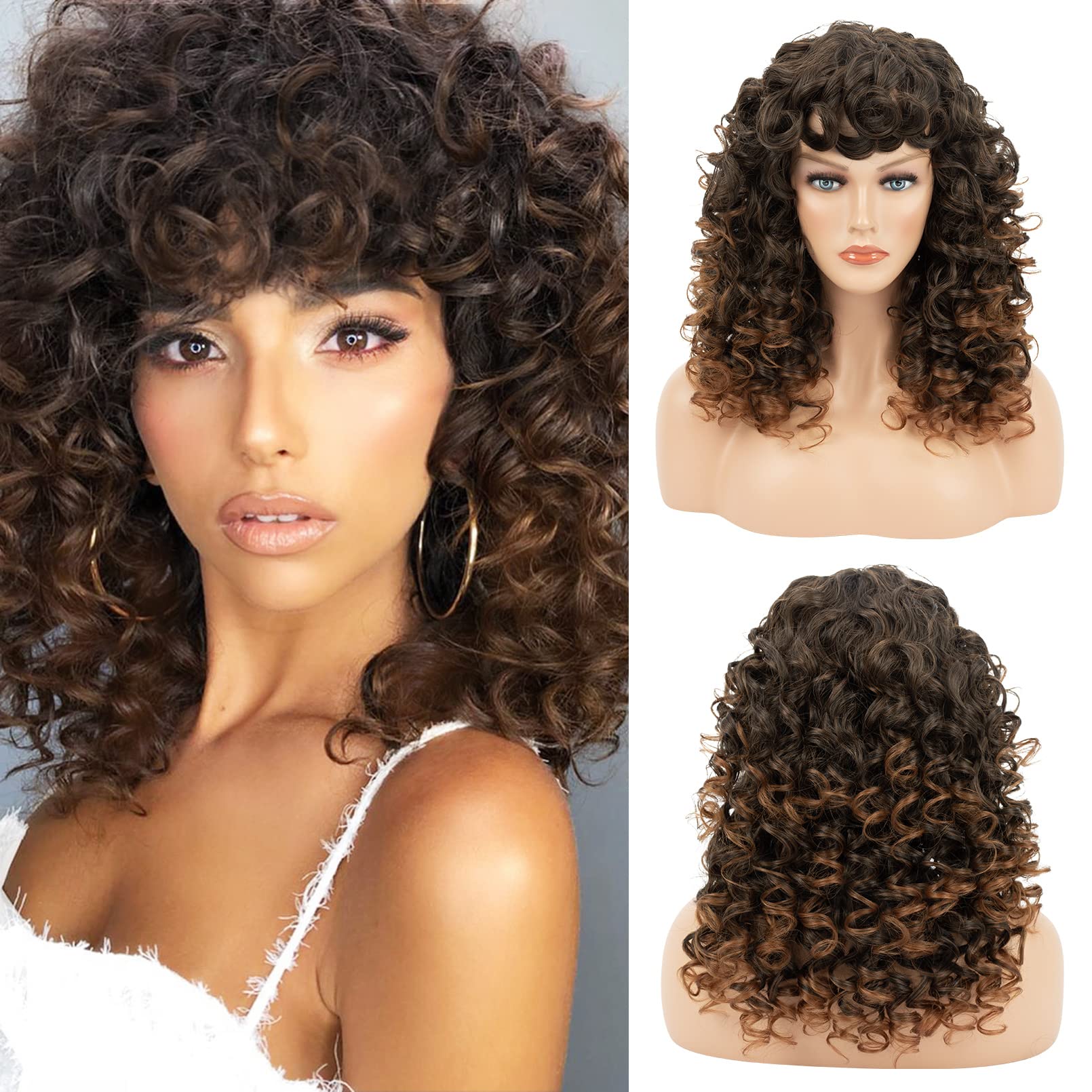 FLUFYMOOZ Curly Wig with Bangs for Black Women, 20 Inch Dark Brown ...