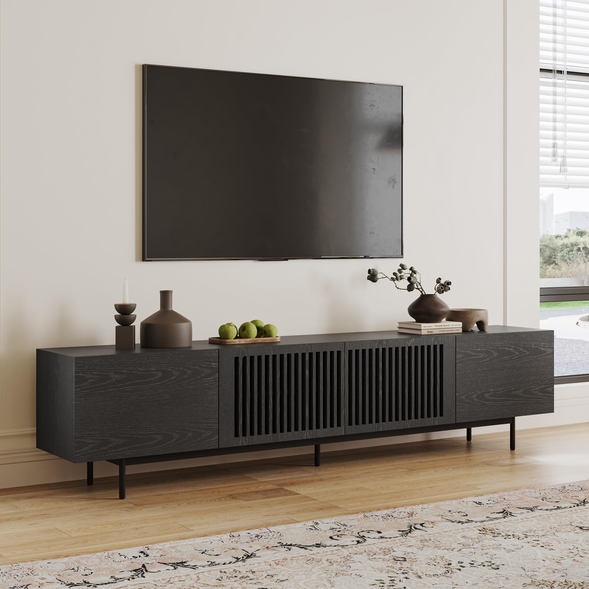 POVISON Black Long TV Stand for 85 Inch TV, Fully-Assembled Tall TV ...
