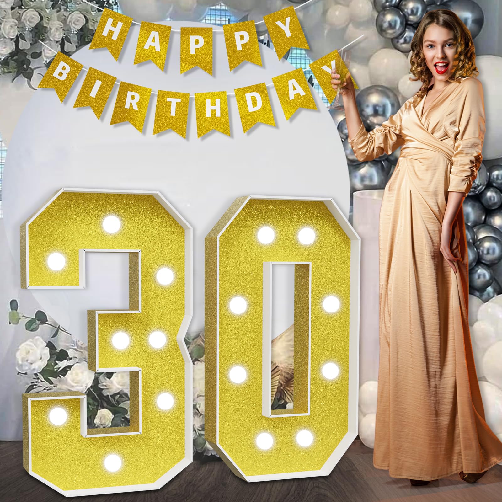 imprsv Marquee Numbers Gold 30th-Birthday Decorations: Large 3ft Light ...