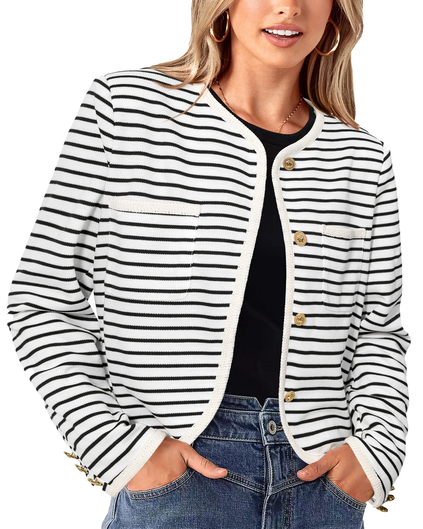 PRETTYGARDEN Women's Striped Cardigan Jacket Casual Long Sleeve Knit ...