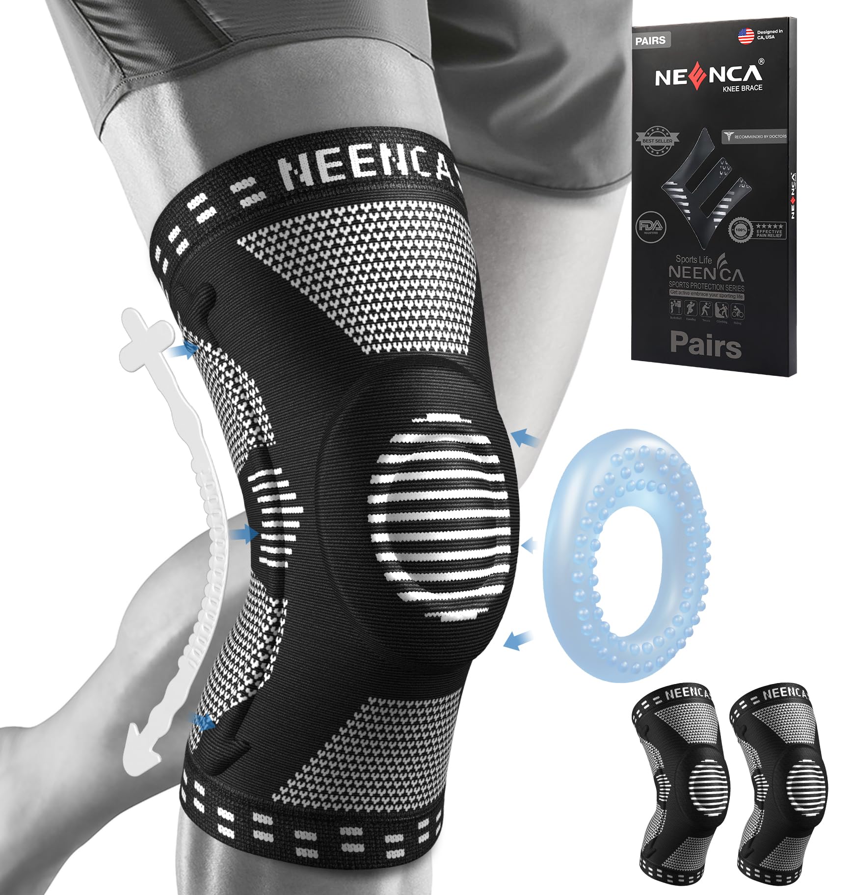 NEENCA 2 Pack Knee Braces for Knee Pain, Compression Knee Sleeves with ...