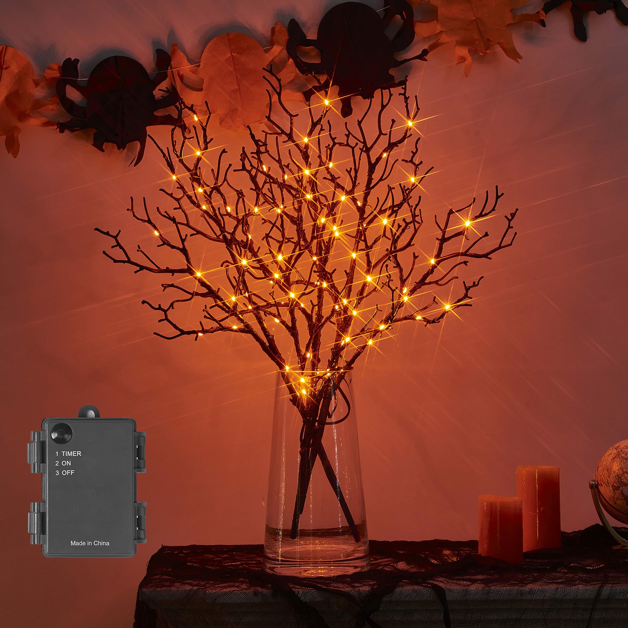 LITBLOOM Halloween Tree Branch Lights with Timer 75 Orange Fairy Lights ...