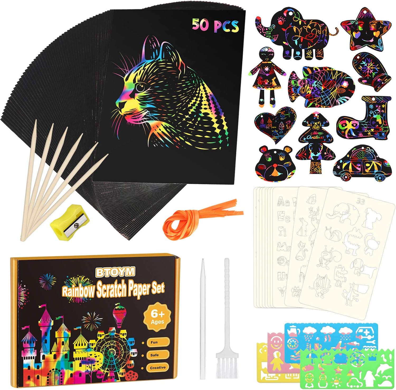 BTOYM Scratch Art Set for Kids, Rainbow Magic Boards Sheet with 50 Pcs ...