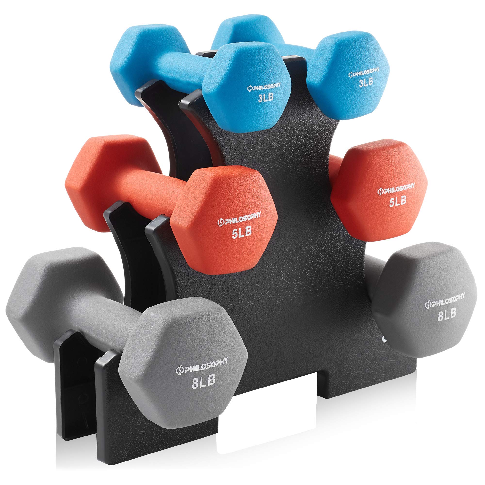 Philosophy Gym Neoprene Dumbbell Hand Weights with Stand, 32 lbs (3 lb ...
