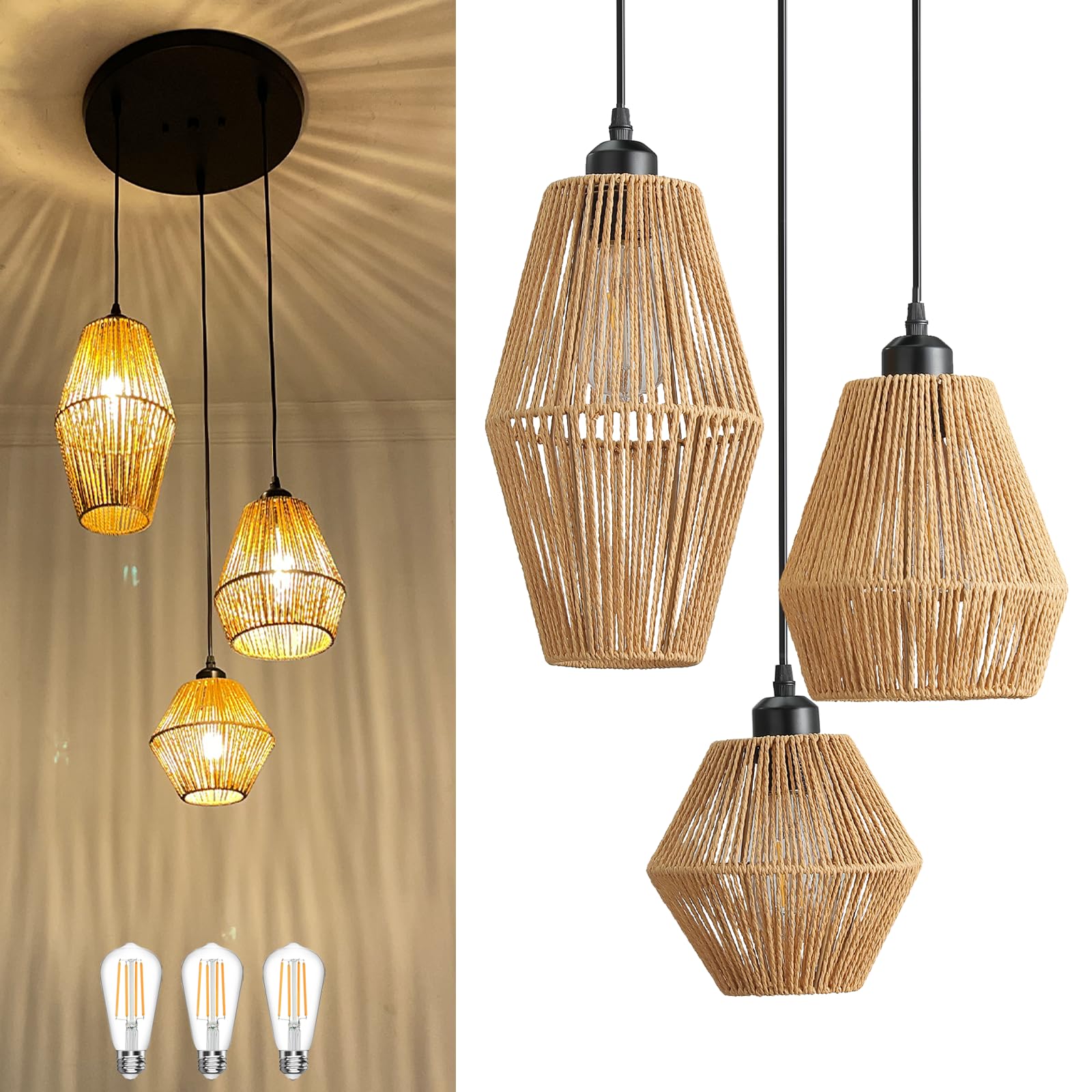 vivihobb 3-Light Rattan Pendant Light,Hand Woven Boho Chandelier,Wicker ...