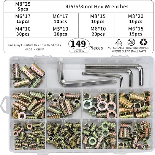 149 Stk Einschraubmuffen M4 M5 M6 M8 Zinklegierung Einschraubmutter Holz Eindrehmuffe Hex ...