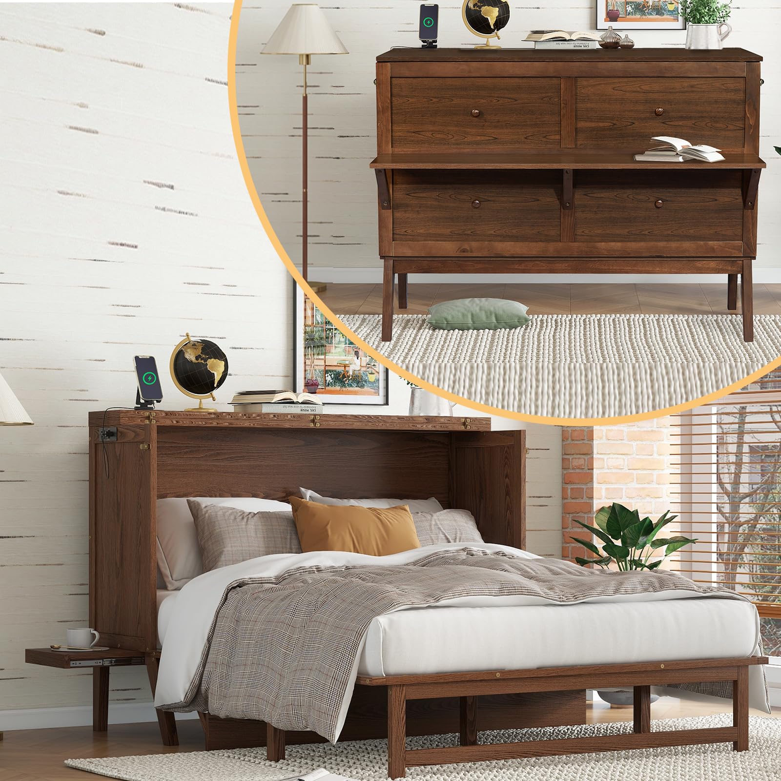 Queen Murphy Bed with Desk, Queen Wall Bed with Desk, USB Ports, Wood ...