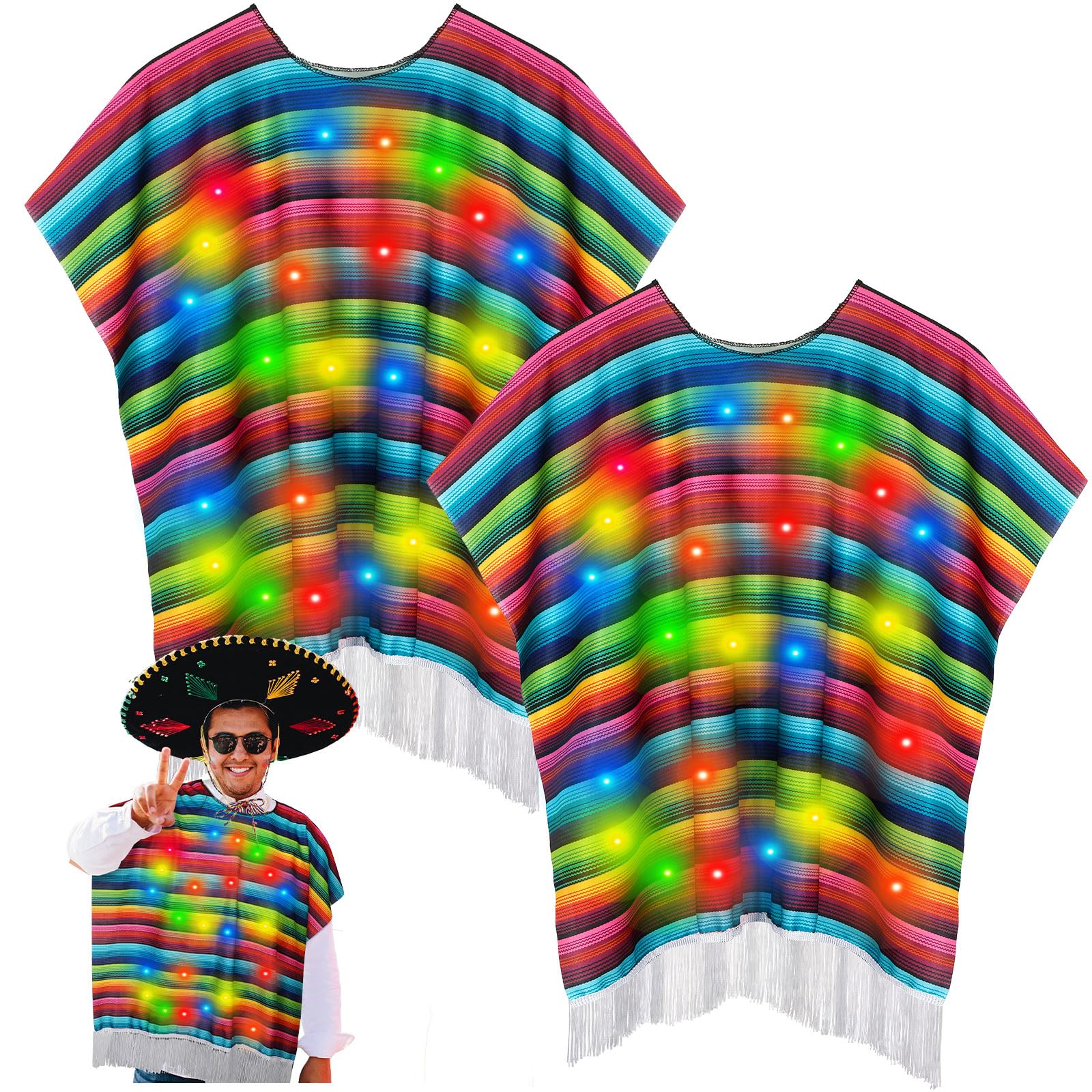 JaGely 2 Piece LED Light Mexican Serape Poncho Mexican Fiesta Ponchos ...