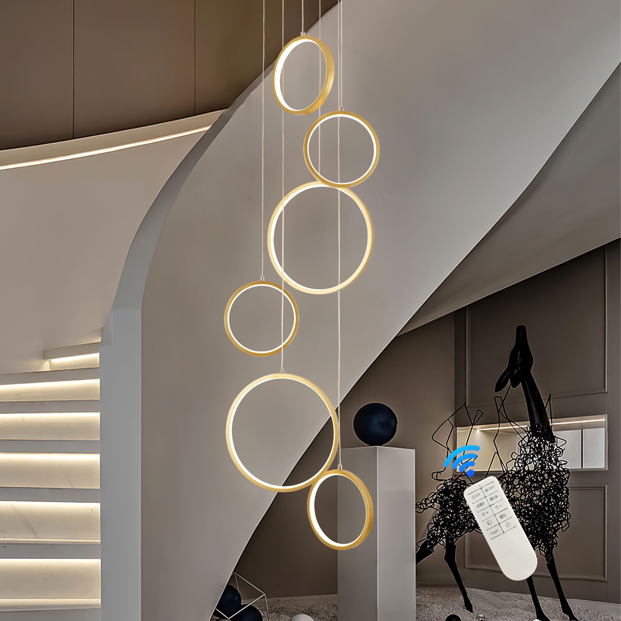 AyshwillDec 6 Rings Gold Chandelier Modern Dimmable LED Chandelier for High Ceiling Modern Led ...