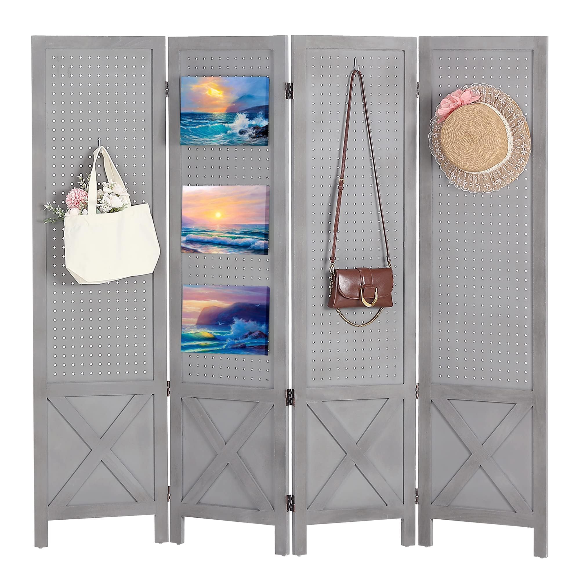 Wnutrees 4 Panel Pegboard Display, 5 Ft Wood Folding Privacy Screens ...