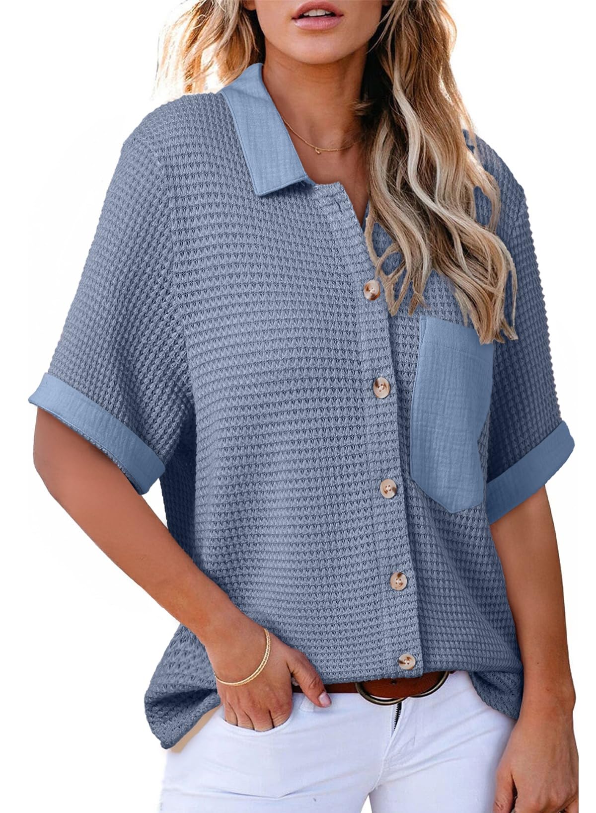 Astylish Women Short Sleeve Crochet Knit Button Down Shirts Casual V Neck Short Folded Sleeve ...