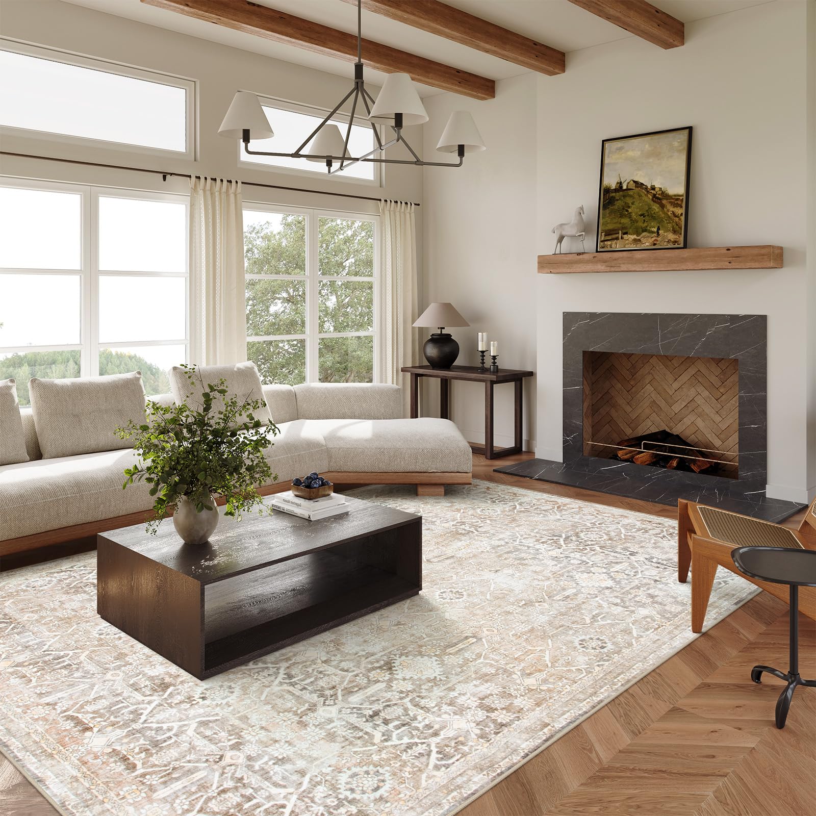 Large Area Rug for Living Room 10x14, Machine Washable Neutral Oriental ...