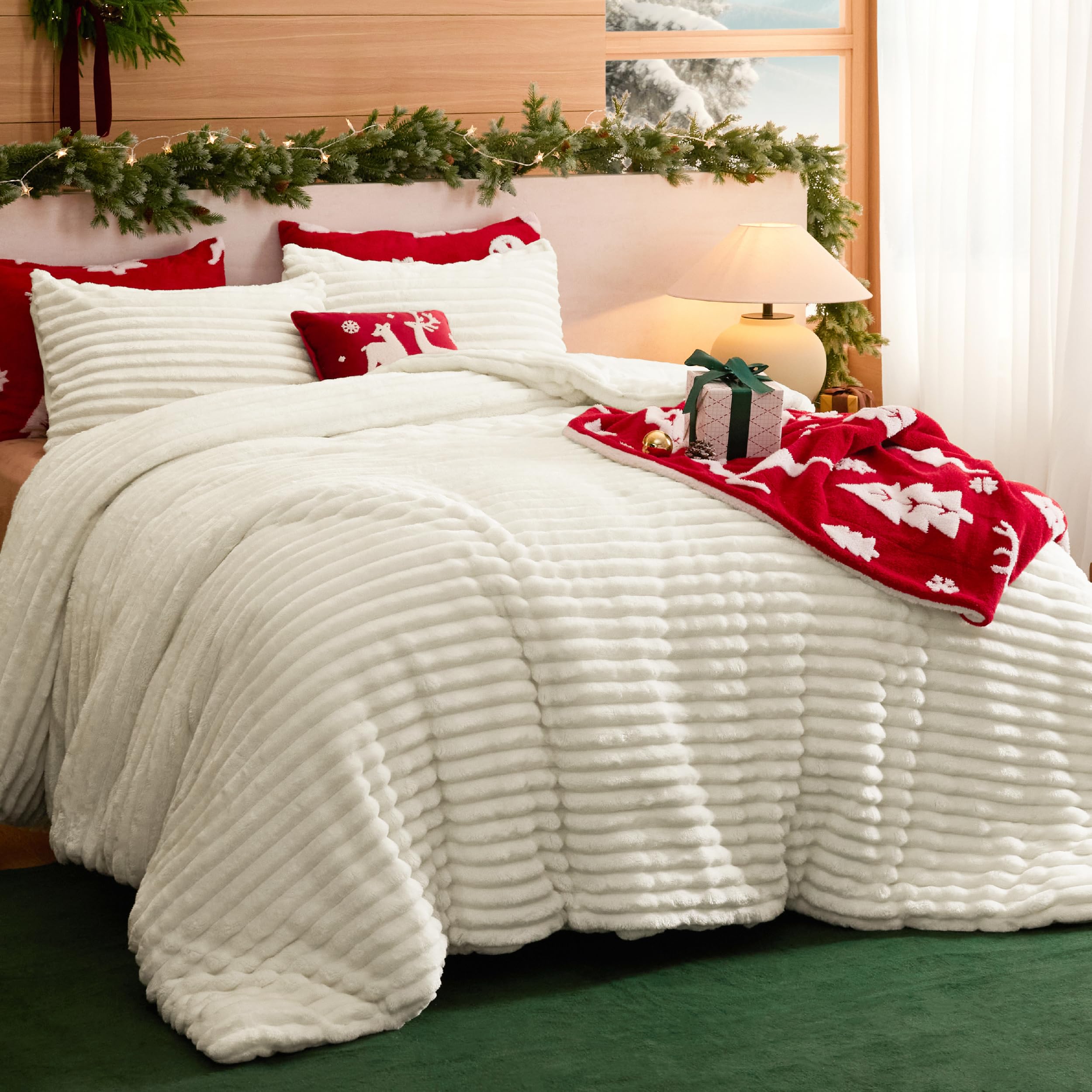 Bedsure Fluffy Comforter Set Queen - Super Soft Faux Fur Bed Set Cream ...