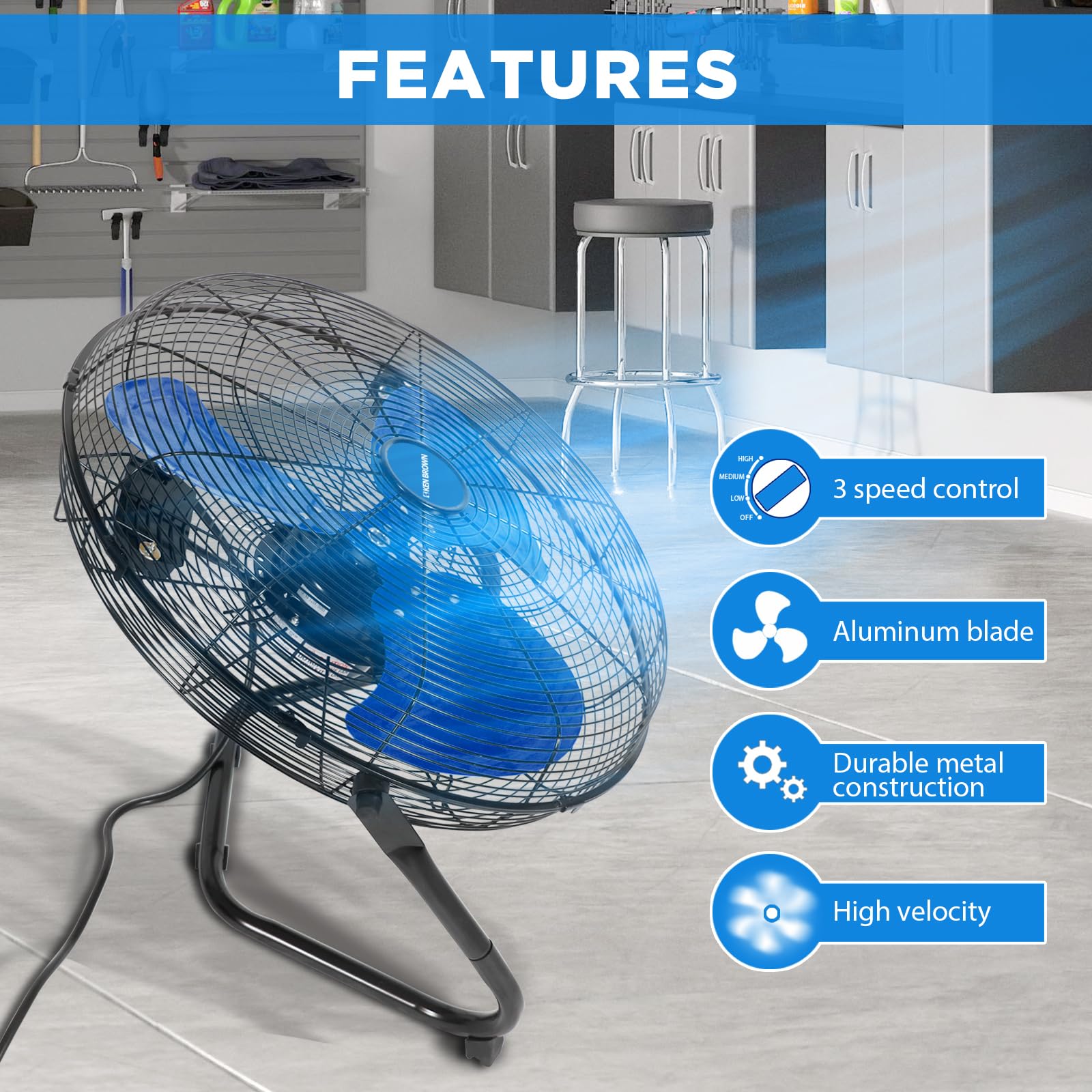 Mua KEN BROWN 20 Inch High Velocity Floor Fan Blue, box fan, 3-speed, 3 ...