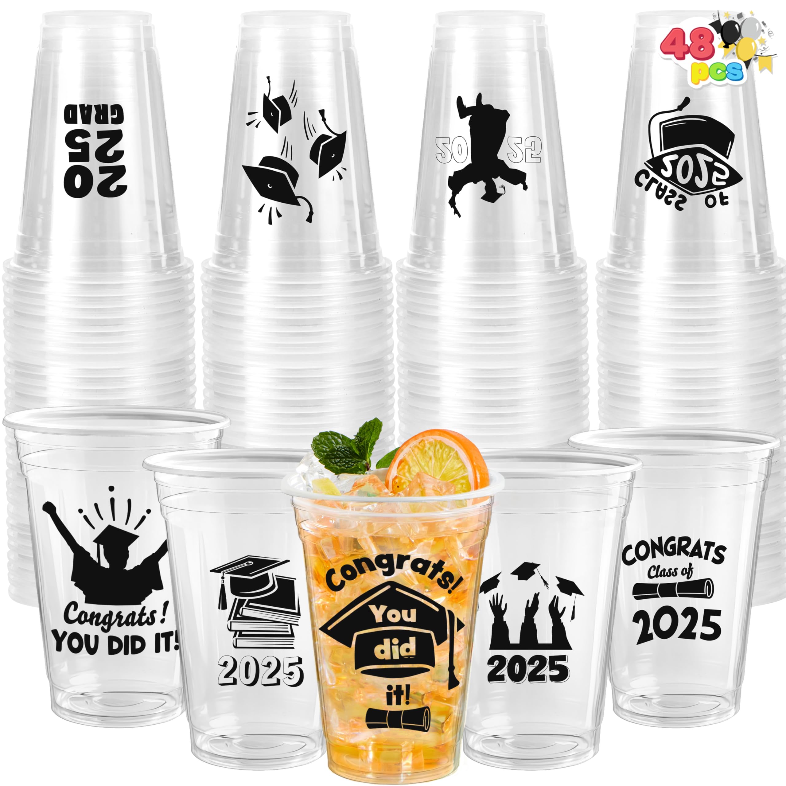 JOYIN 48 Pcs Black & Gold Graduation Decorations Cups Class of 2025, 16 ...