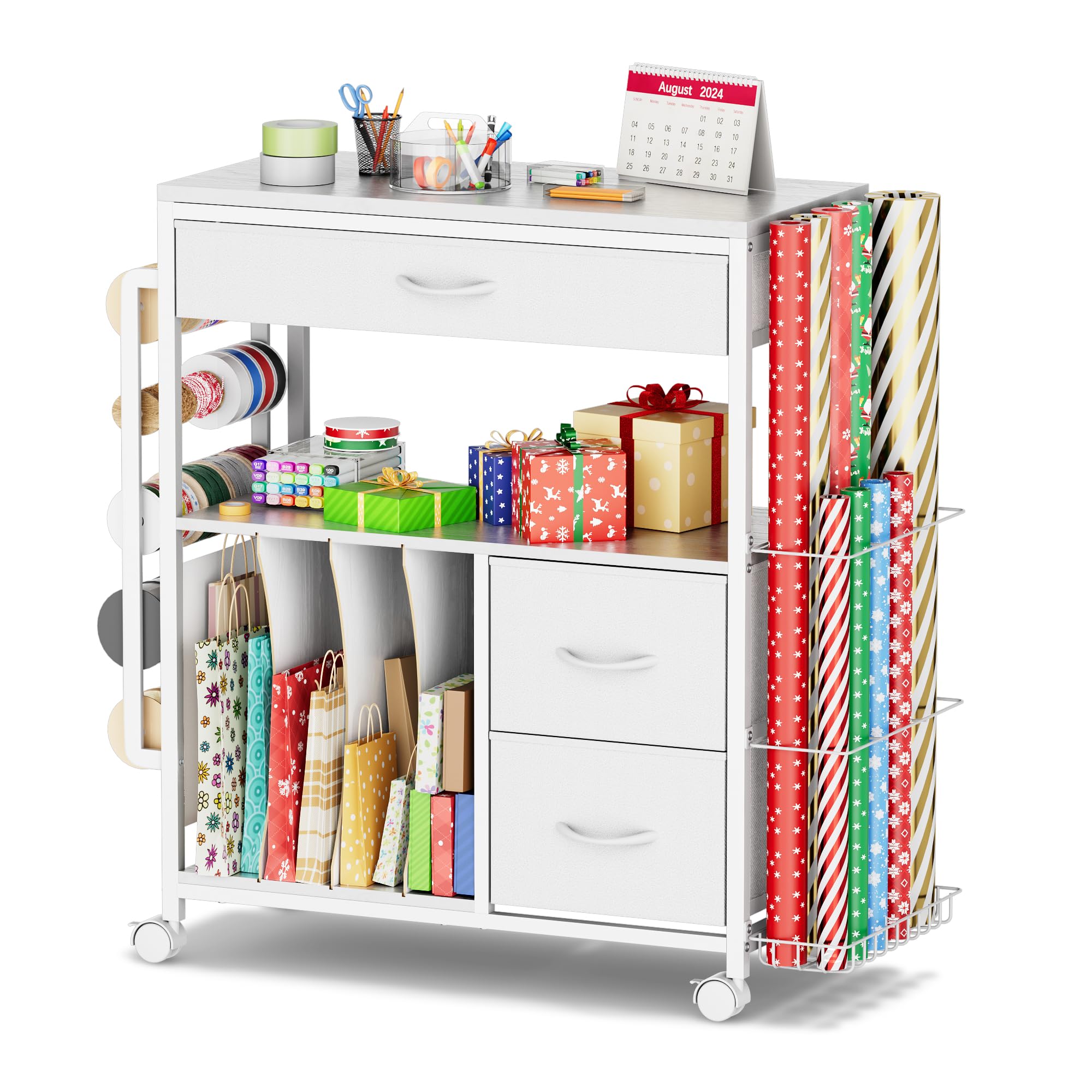 PUNLUXU Wrapping Paper Storage Cart, Rolling Gift Wrap Station with ...