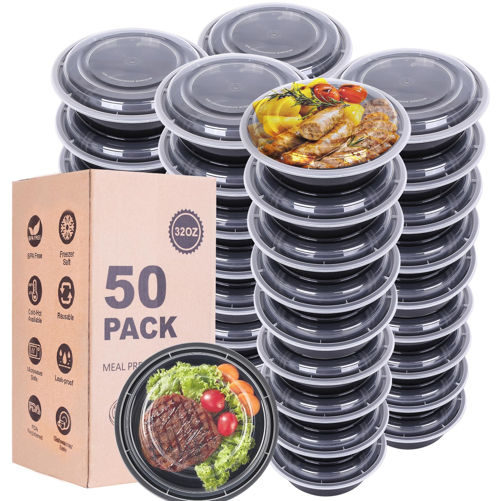 WGCC Meal Prep Containers with Lids - 50Pack 32OZ Meal Prep Bowls ...