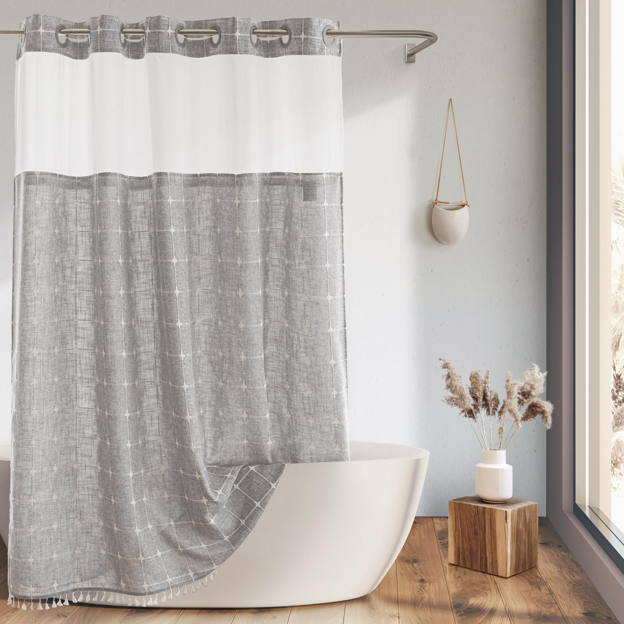 Farmhouse Shower Curtain with Snap-in Liner, No Hooks Needed Fabric Shower Curtains with Tassels ...