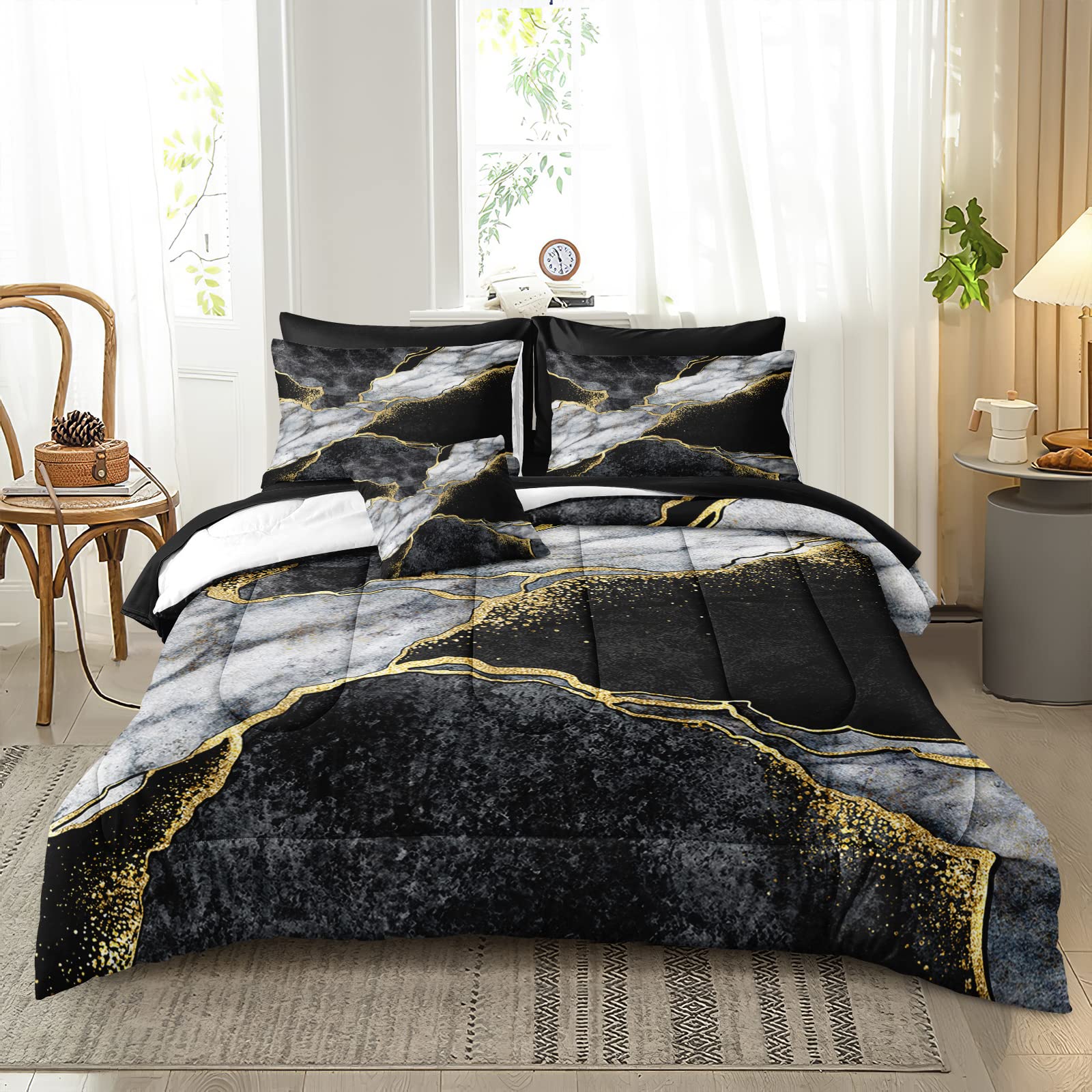 Merryword Black Marble Comforter Set California King 8 Pieces Bed in a ...