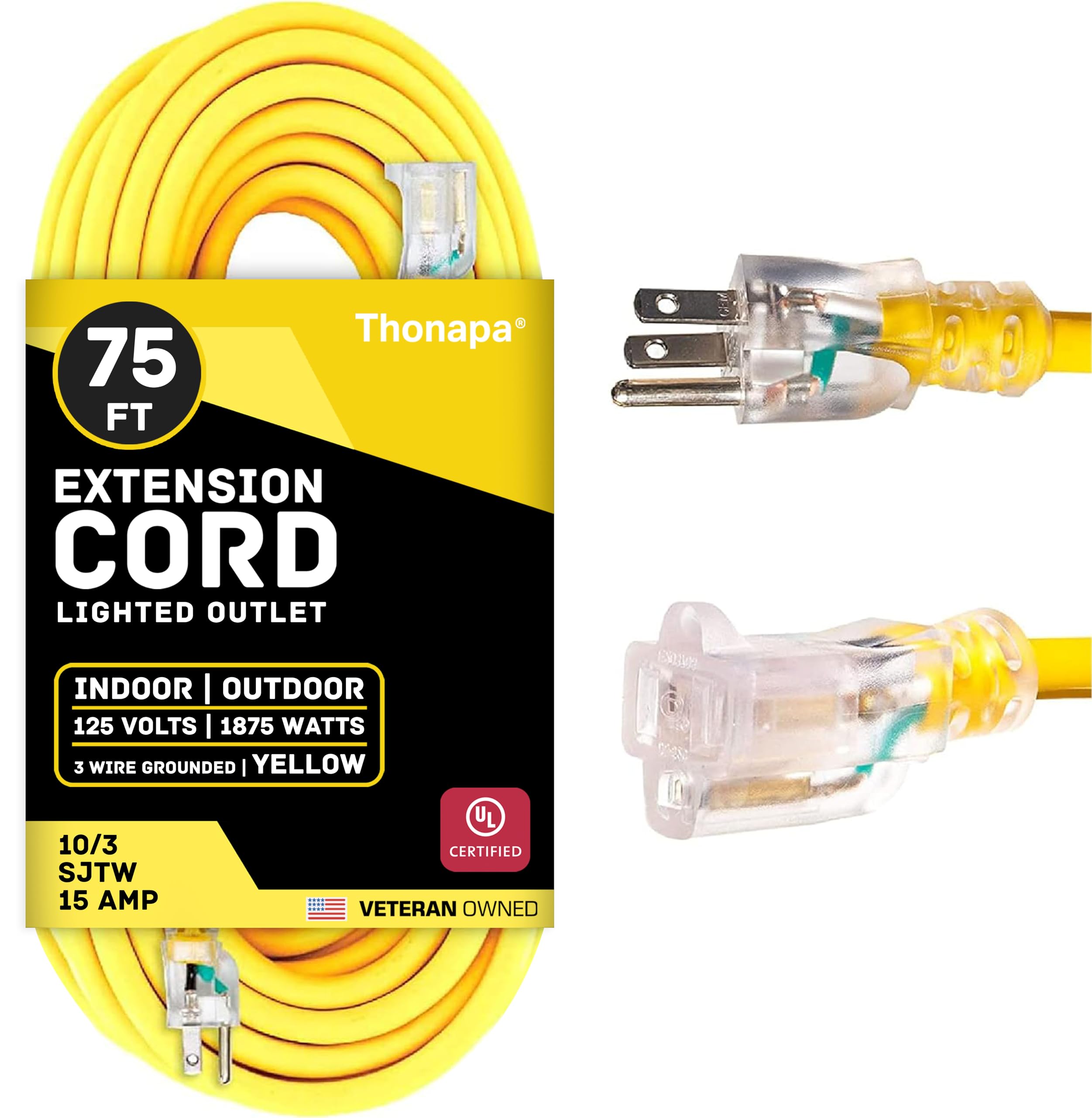Thonapa 75 Ft 10 Gauge Extension Cord, Weatherproof Heavy Duty Outdoor ...