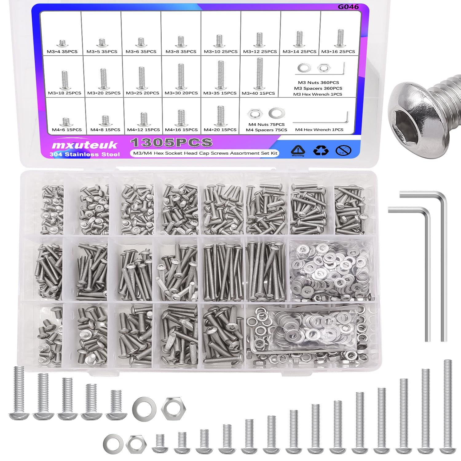 mxuteuk 1305PCS M3 M4 Metric Screw Assortment Kit,304 Stainless Steel Hex Socket Head Cap Screws ...