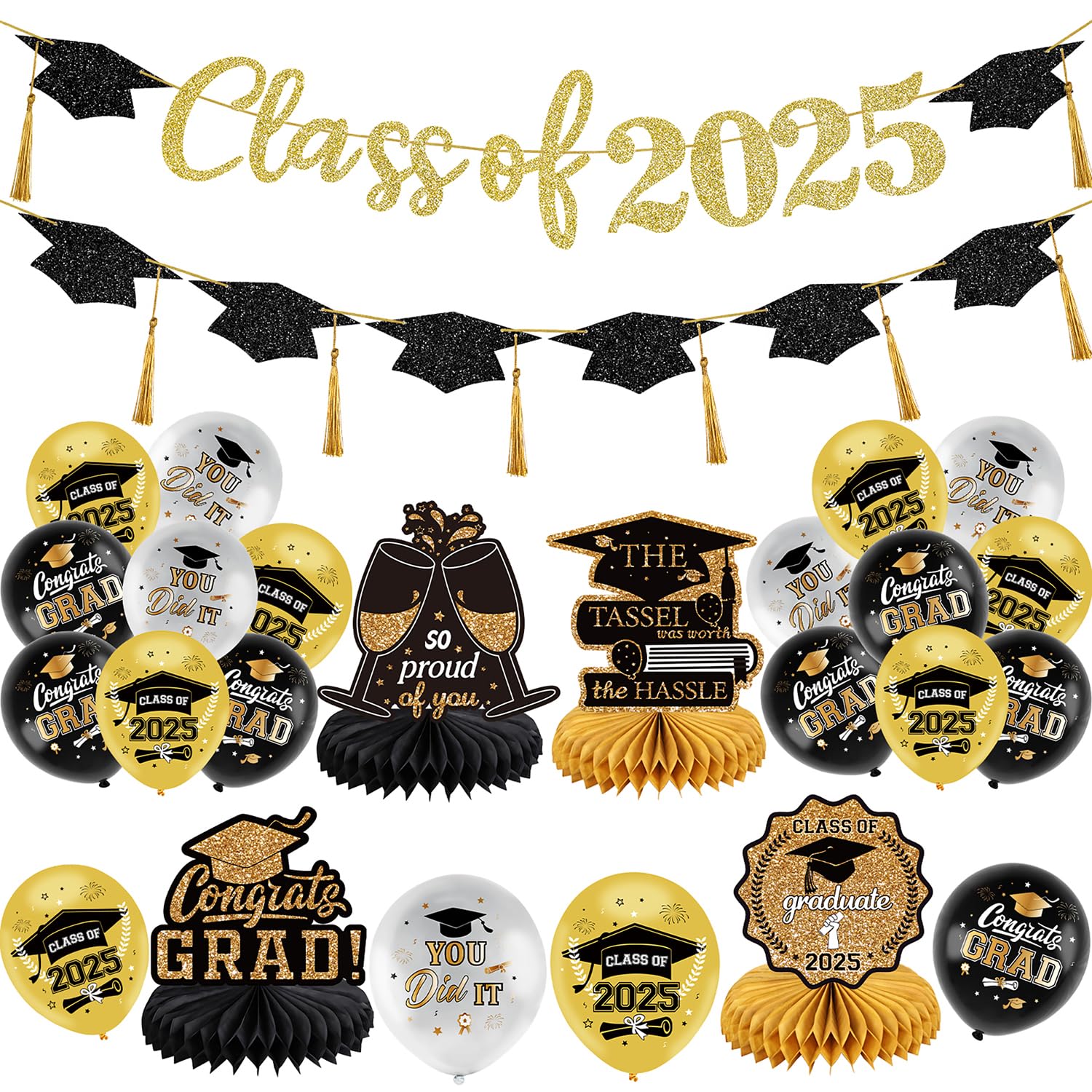 Gold 2025 Graduation Decorations Set - Class of 2025 Banner, Grad Cap ...